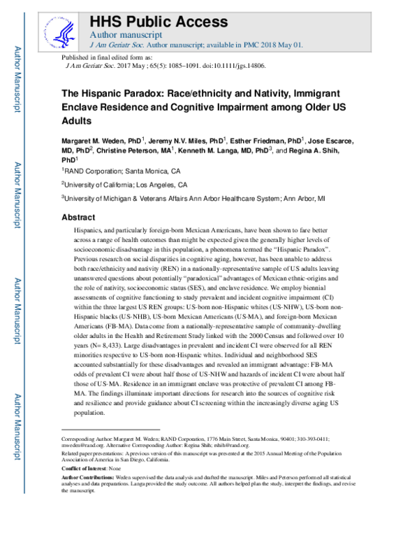 (PDF) The Hispanic Paradox: Race/Ethnicity and Nativity, Immigrant ...