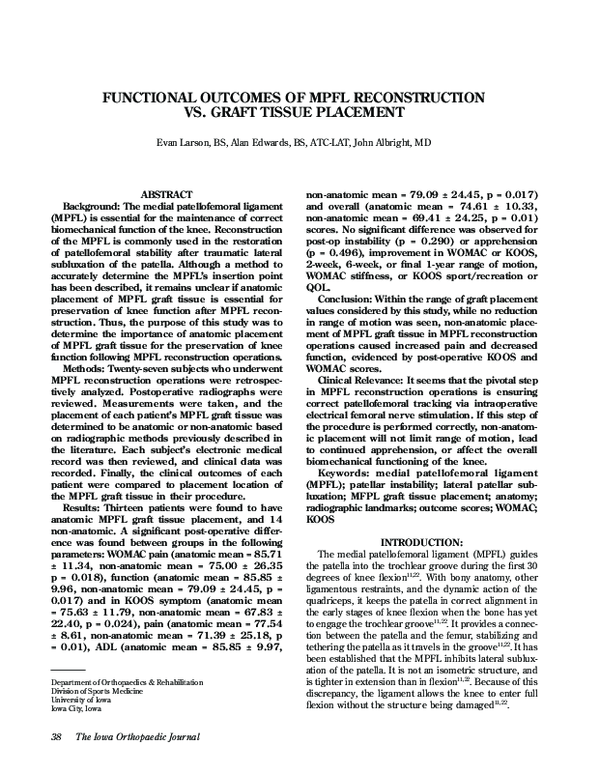 (PDF) Functional outcomes of MPFL reconstruction vs. graft tissue placement