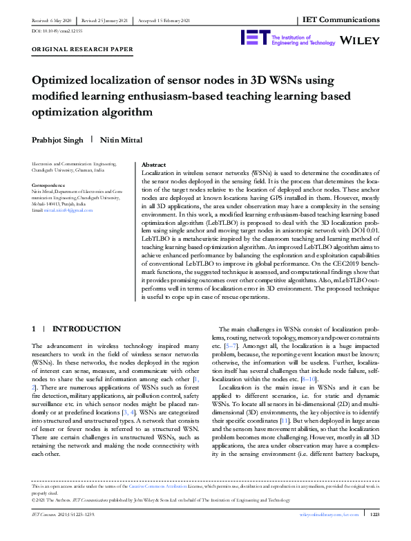 (PDF) Optimized localization of sensor nodes in 3D WSNs using modified learning enthusiasm‐based ...