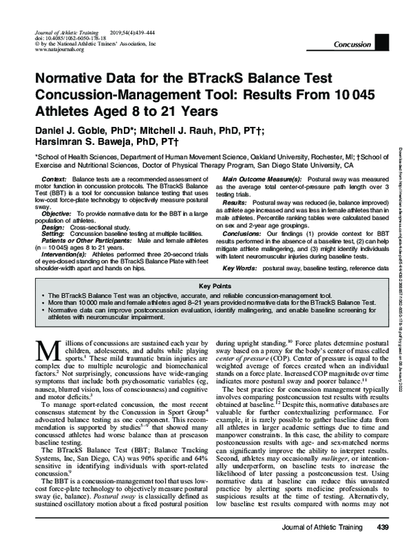 (PDF) Normative Data for the BTrackS Balance Test Concussion-Management ...