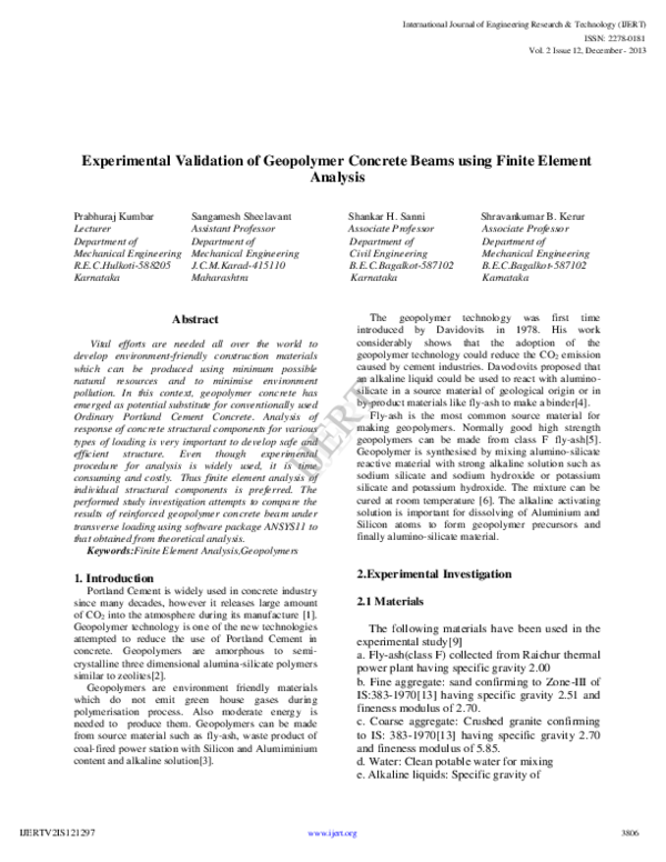 (PDF) Experimental Validation of Geopolymer Concrete Beams using Finite Element Analysis
