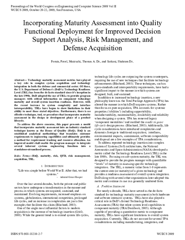 (PDF) Incorporating Maturity Assessment into Quality Functional Deployment for Improved Decision ...