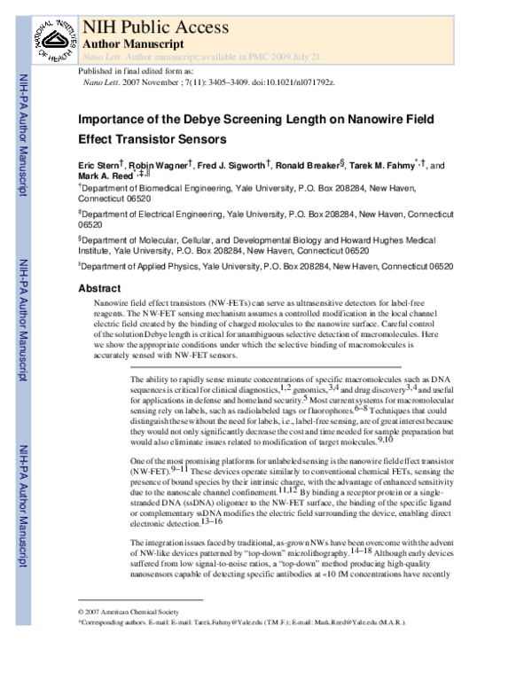 (PDF) Importance of the Debye Screening Length on Nanowire Field Effect ...