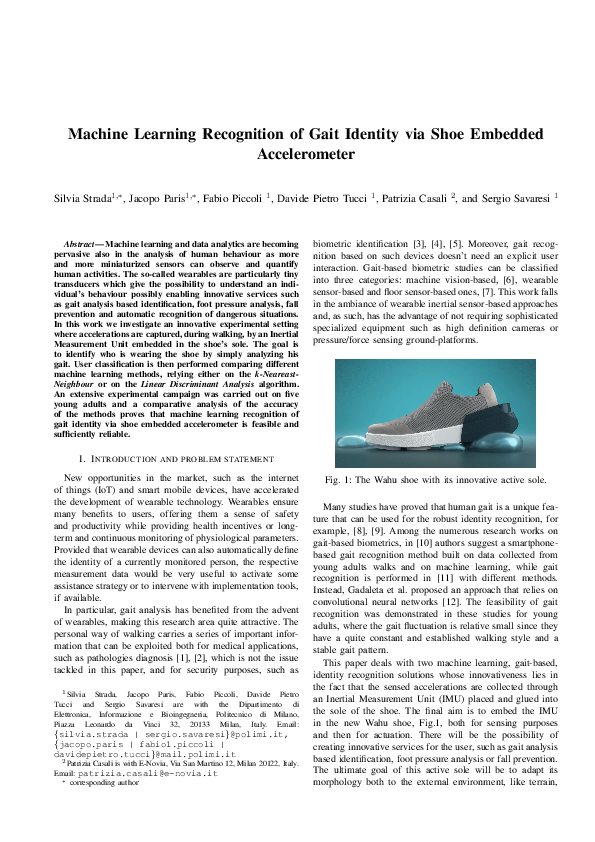 (PDF) Machine Learning Recognition of Gait Identity via Shoe Embedded Accelerometer