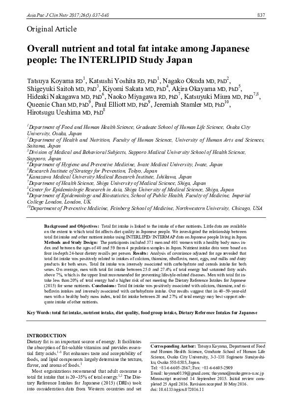 (PDF) Overall nutrient and total fat intake among Japanese people: The ...