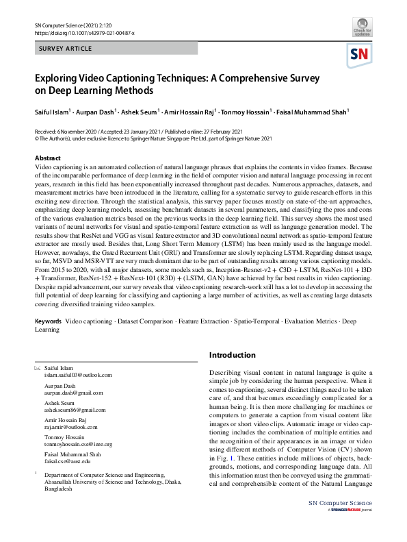 (PDF) Exploring Video Captioning Techniques: A Comprehensive Survey on Deep Learning Methods