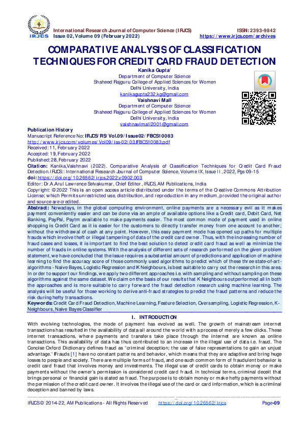 (PDF) COMPARATIVE ANALYSIS OF CLASSIFICATION TECHNIQUES FOR CREDIT CARD ...