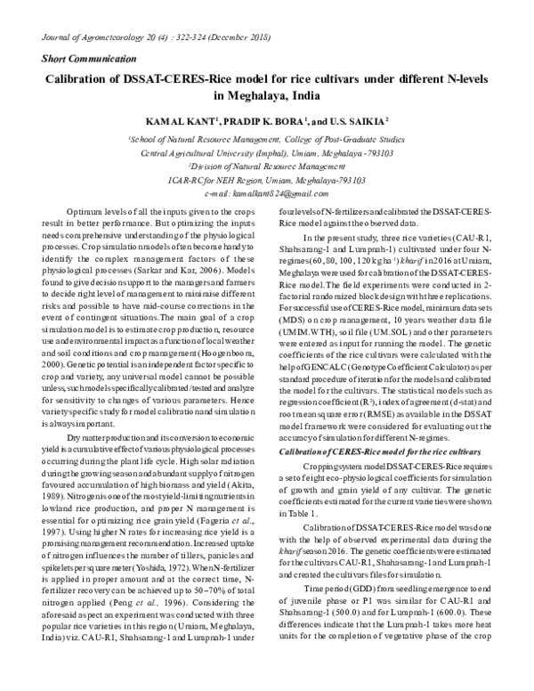(PDF) Calibration of DSSAT-CERES-Rice model for rice cultivars under ...