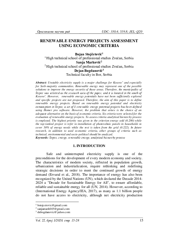 (PDF) RENEWABLE ENERGY PROJECTS ASSESSMENT USING ECONOMIC CRITERIA