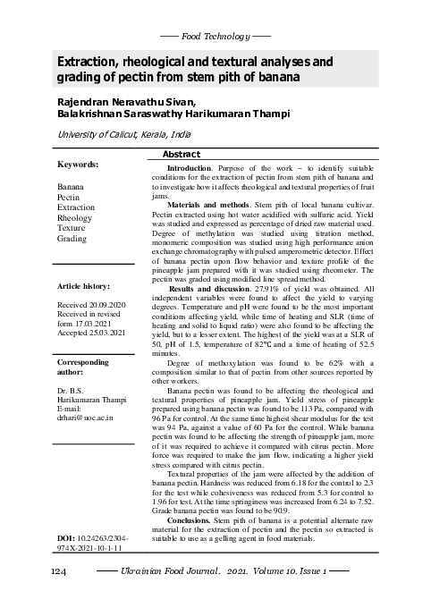 (PDF) Extraction, rheological and textural analyses and grading of pectin from stem pith of banana