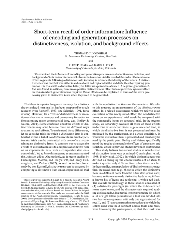 (PDF) Short-term recall of order information: influence of encoding and generation processes on ...