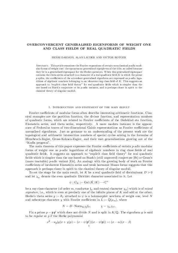 Pdf Eigenforms Class Fields And Quadratic Fields