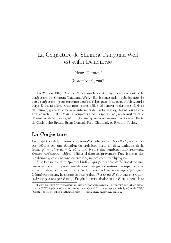 (PDF) La Conjecture de Shimura-Taniyama-Weil est enfin démontrée1