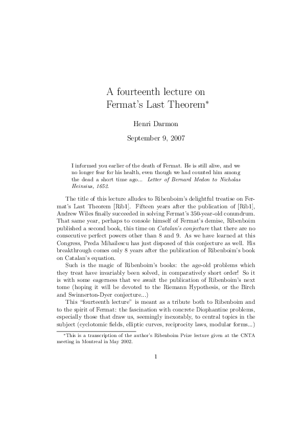 (PDF) A fourteenth lecture on Fermat's Last Theorem