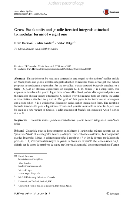 (PDF) Gross–Stark units and p-adic iterated integrals attached to ...