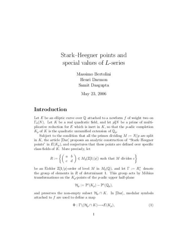 (PDF) L -functions and Galois Representations: Stark–Heegner points and special values of L -series