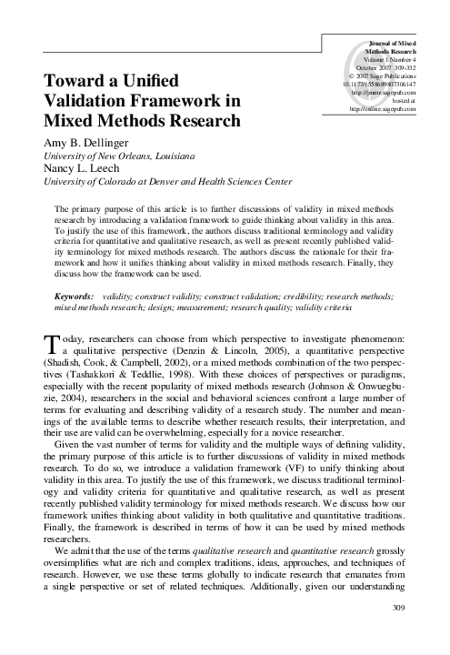 Pdf Toward A Unified Validation Framework In Mixed Methods Research