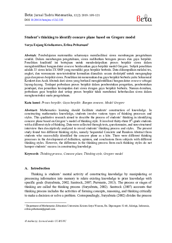 (PDF) Student’s thinking to identify concave plane based on Gregorc model