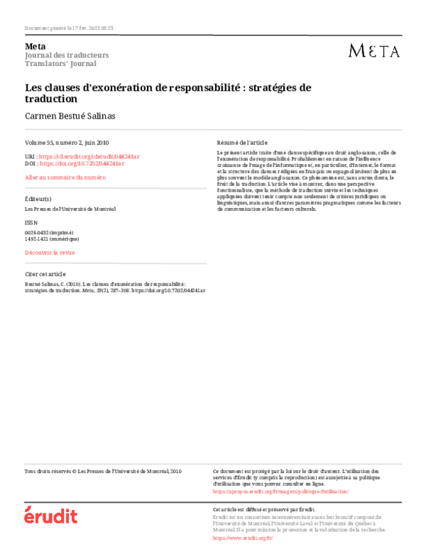 (PDF) Les clauses d'exonération de responsabilité: stratégies de traduction
