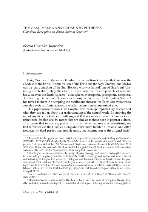 (PDF) The Gaia, Medea and Cronus Hypotheses Classical Reception in ...