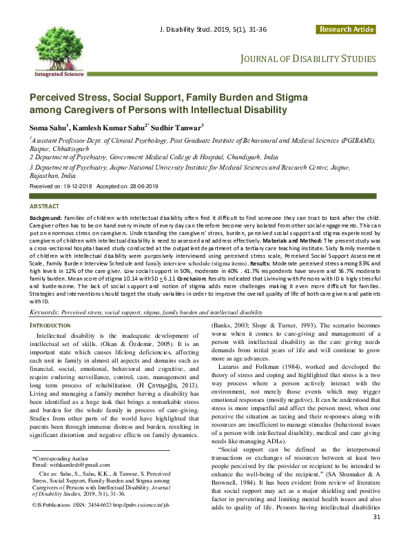 (PDF) JOURNAL OF DISABILITY STUDIES Perceived Stress, Social Support ...