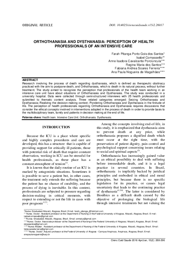 (PDF) Orthothanasia and Dysthanasia : Perception of Health ...
