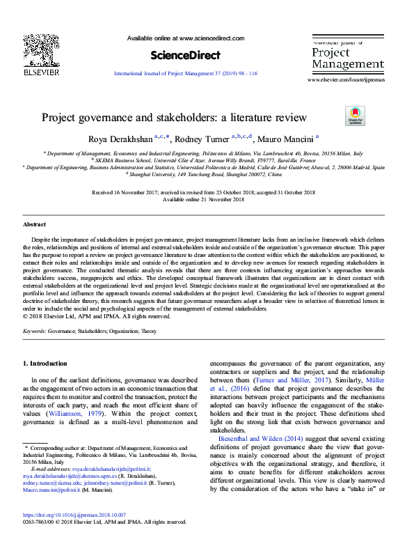 (PDF) Project governance and stakeholders: a literature review