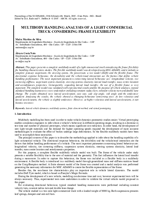 (PDF) Multibody Handling Analysis of a Light Commercial Truck ...