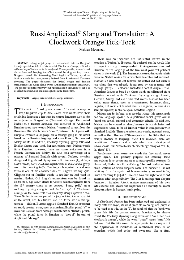 (PDF) Russianglicized© Slang And Translation: A Clockwork Orange Tick-Tock