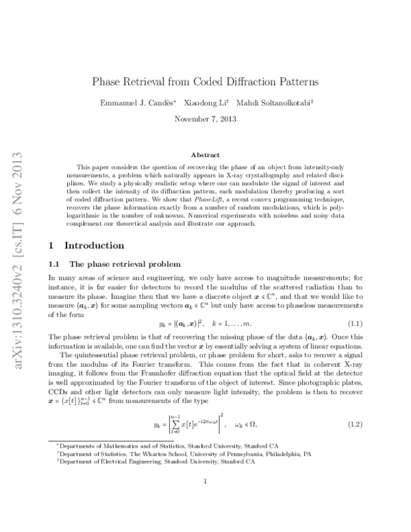 Pdf Phase Retrieval From Coded Diffraction Patterns
