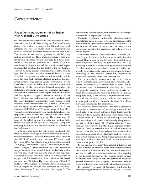 (PDF) Anaesthetic management of an infant with Conradi's syndrome
