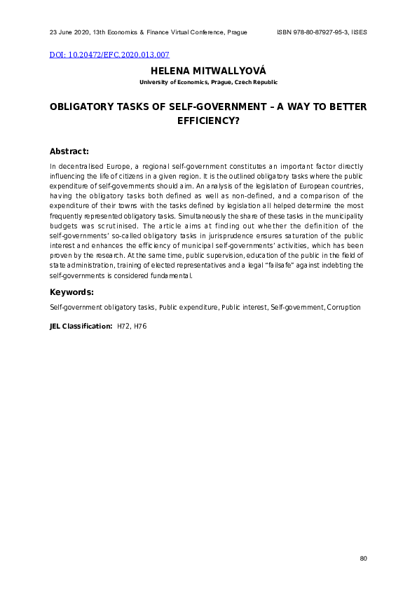 (PDF) Obligatory Tasks of Self-Government – a Way to Better Efficiency?
