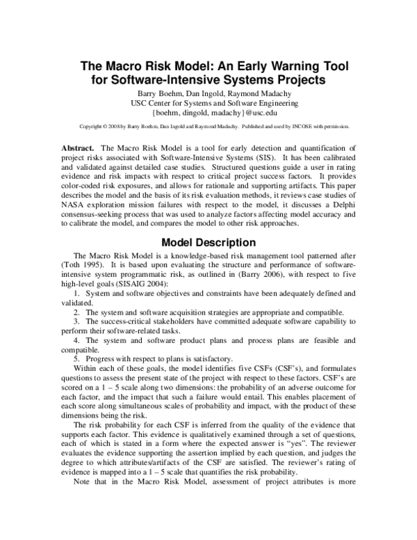 (PDF) The Macro Risk Model: An Early Warning Tool for Software-Intensive Systems Projects
