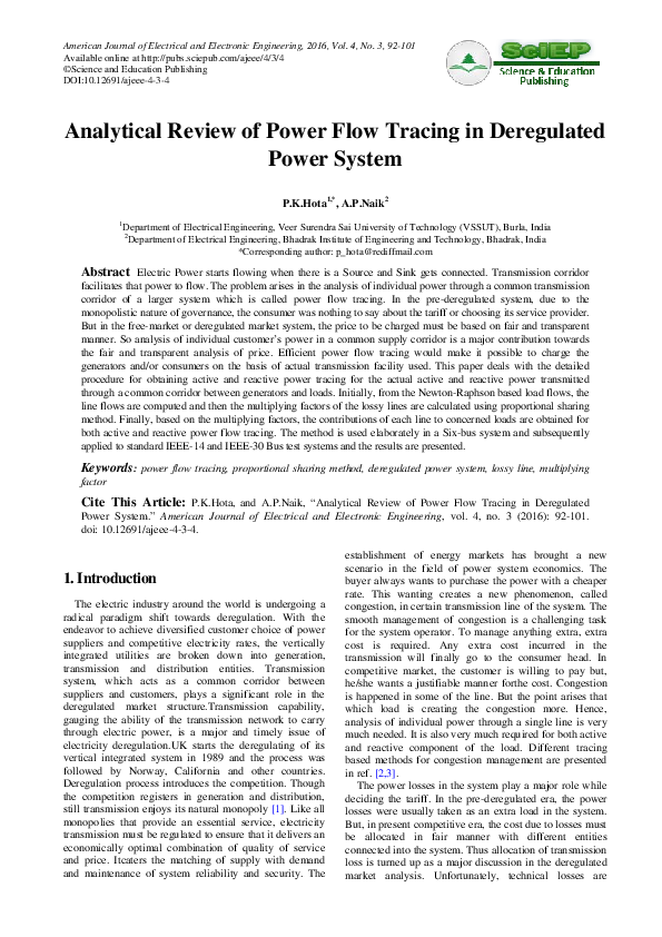 (PDF) Analytical Review of Power Flow Tracing in Deregulated Power System