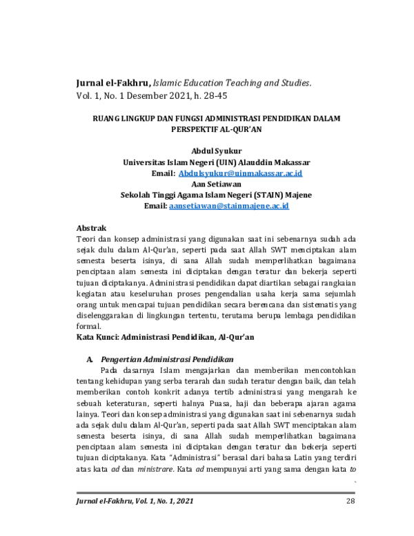 (PDF) RUANG LINGKUP DAN FUNGSI ADMINISTRASI PENDIDIKAN DALAM PERSPEKTIF AL-QUR'AN