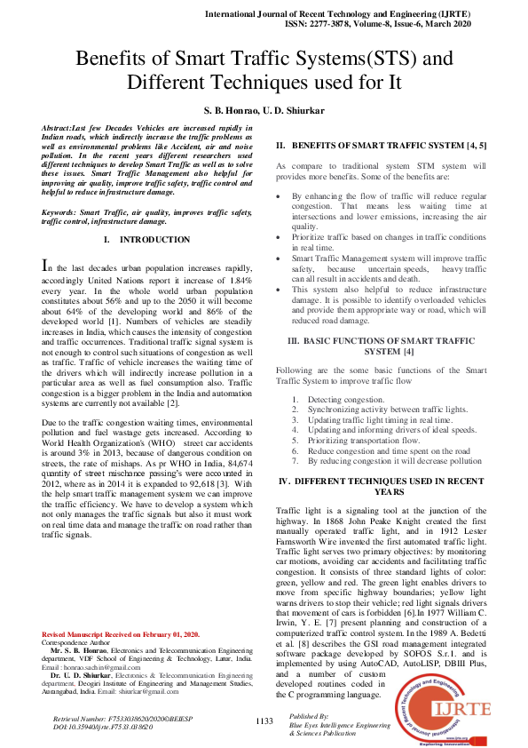(PDF) Benefits of Smart Traffic Systems(STS) and Different Techniques ...