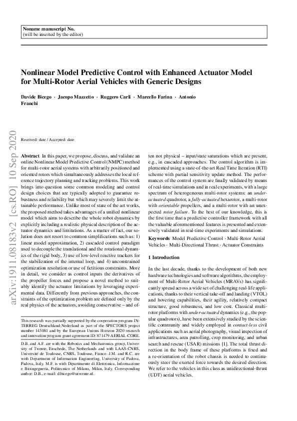 Pdf Nonlinear Model Predictive Control With Actuator Constraints For Multi Rotor Aerial Vehicles