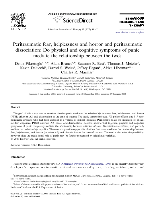 (PDF) Peritraumatic fear, helplessness and horror and peritraumatic ...