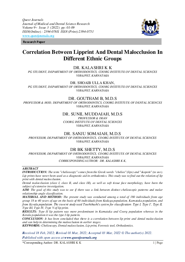 (PDF) Correlation Between Lipprint And Dental Malocclusion In Different ... (PDF) Correlation Between Lipprint And Dental Malocclusion In Different ...