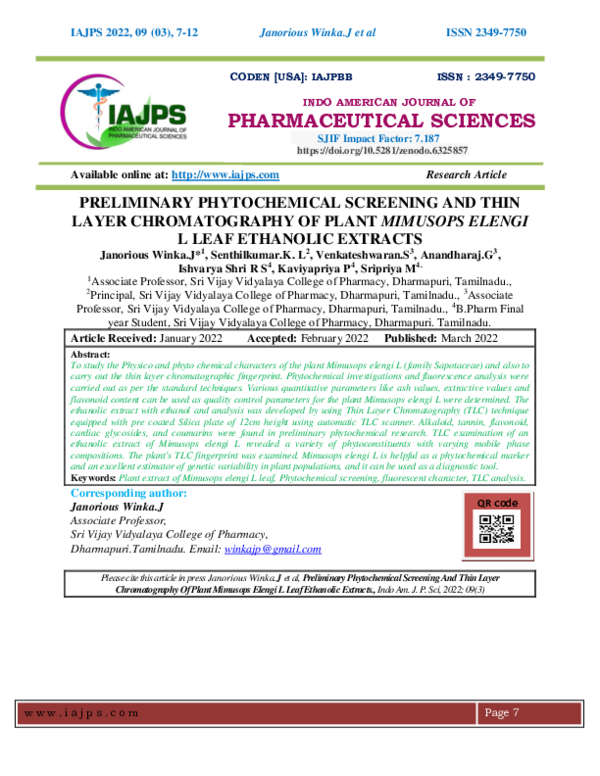 (PDF) PRELIMINARY PHYTOCHEMICAL SCREENING AND THIN LAYER CHROMATOGRAPHY OF PLANT MIMUSOPS ELENGI ...