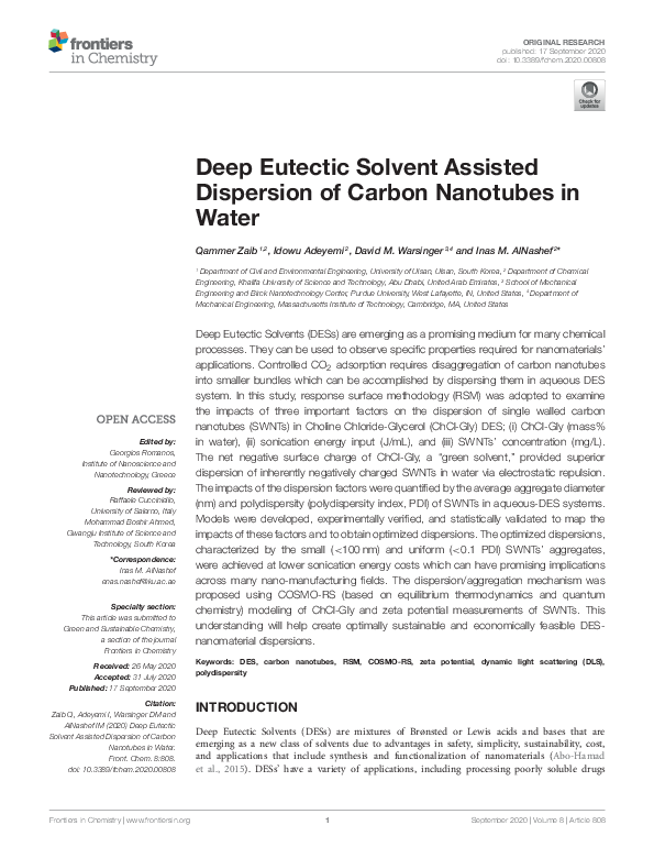 Pdf Deep Eutectic Solvent Assisted Dispersion Of Carbon Nanotubes In Water