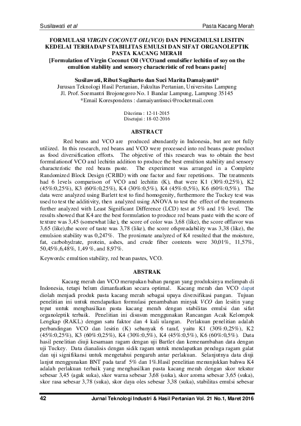 (PDF) FORMULASI VIRGIN COCONUT OIL(VCO) DAN PENGEMULSI LESITIN KEDELAI TERHADAP STABILITAS ...