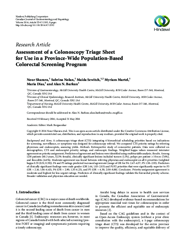 (PDF) Assessment of a Colonoscopy Triage Sheet for Use in a Province ...