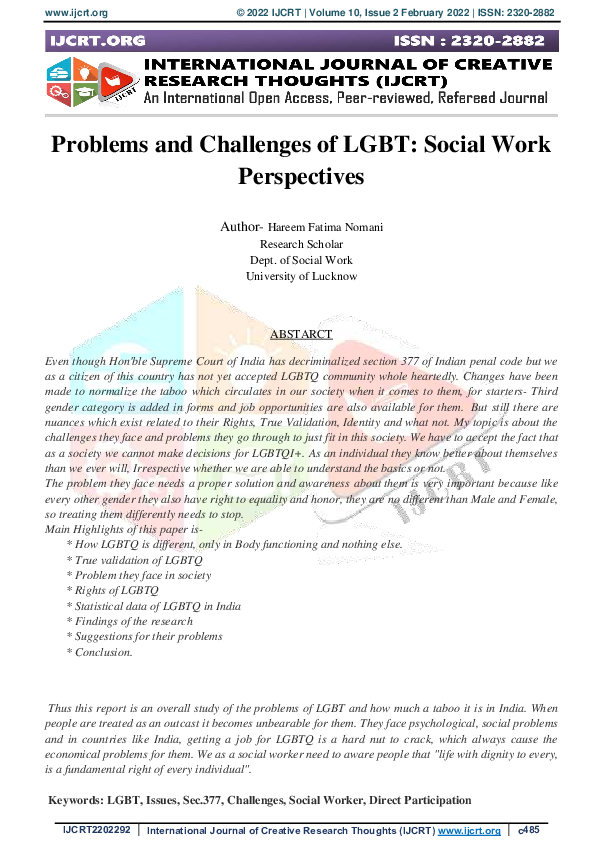 (PDF) Problems and Challenges of LGBT: Social Work Perspectives