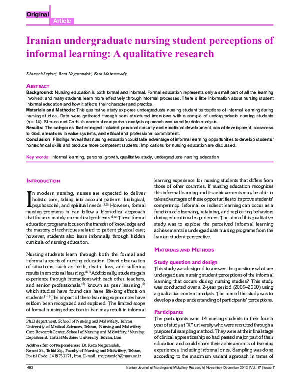 (PDF) Iranian undergraduate nursing student perceptions of informal learning: A qualitative research