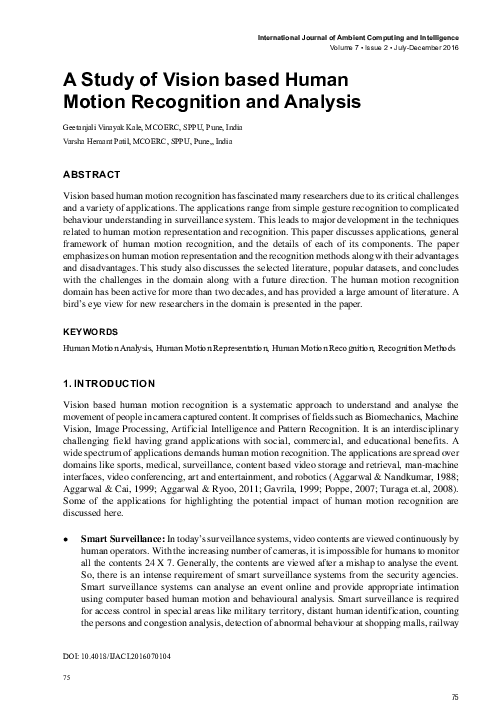 (PDF) A Study of Vision based Human Motion Recognition and Analysis