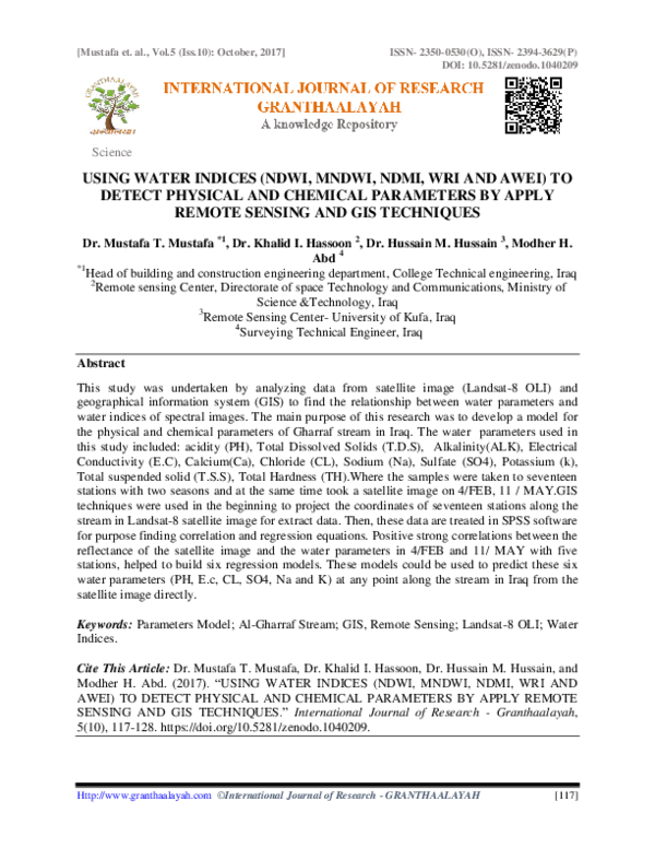 (PDF) Using Water Indices (Ndwi, Mndwi, Ndmi, Wri and Awei) to Detect ...