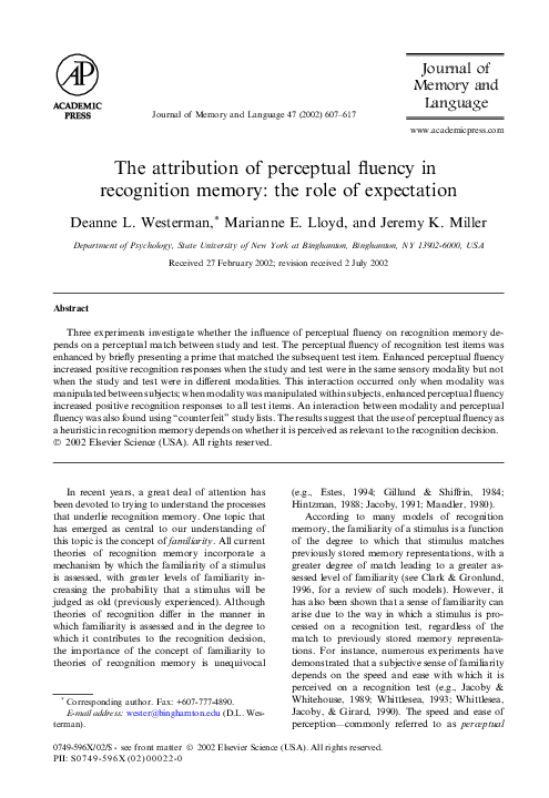 The attribution of perceptual fluency in recognition memory: The role ...