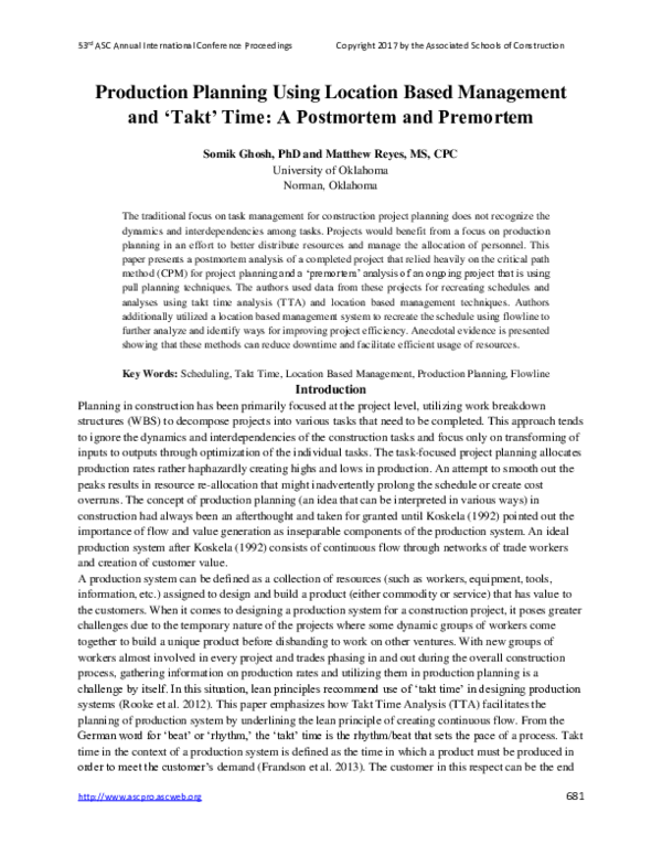 (PDF) Production Planning Using Location Based Management and ‘Takt ...