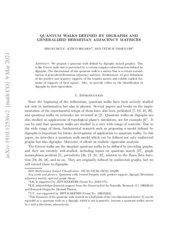 (PDF) Quantum walks defined by digraphs and generalized Hermitian adjacency matrices
